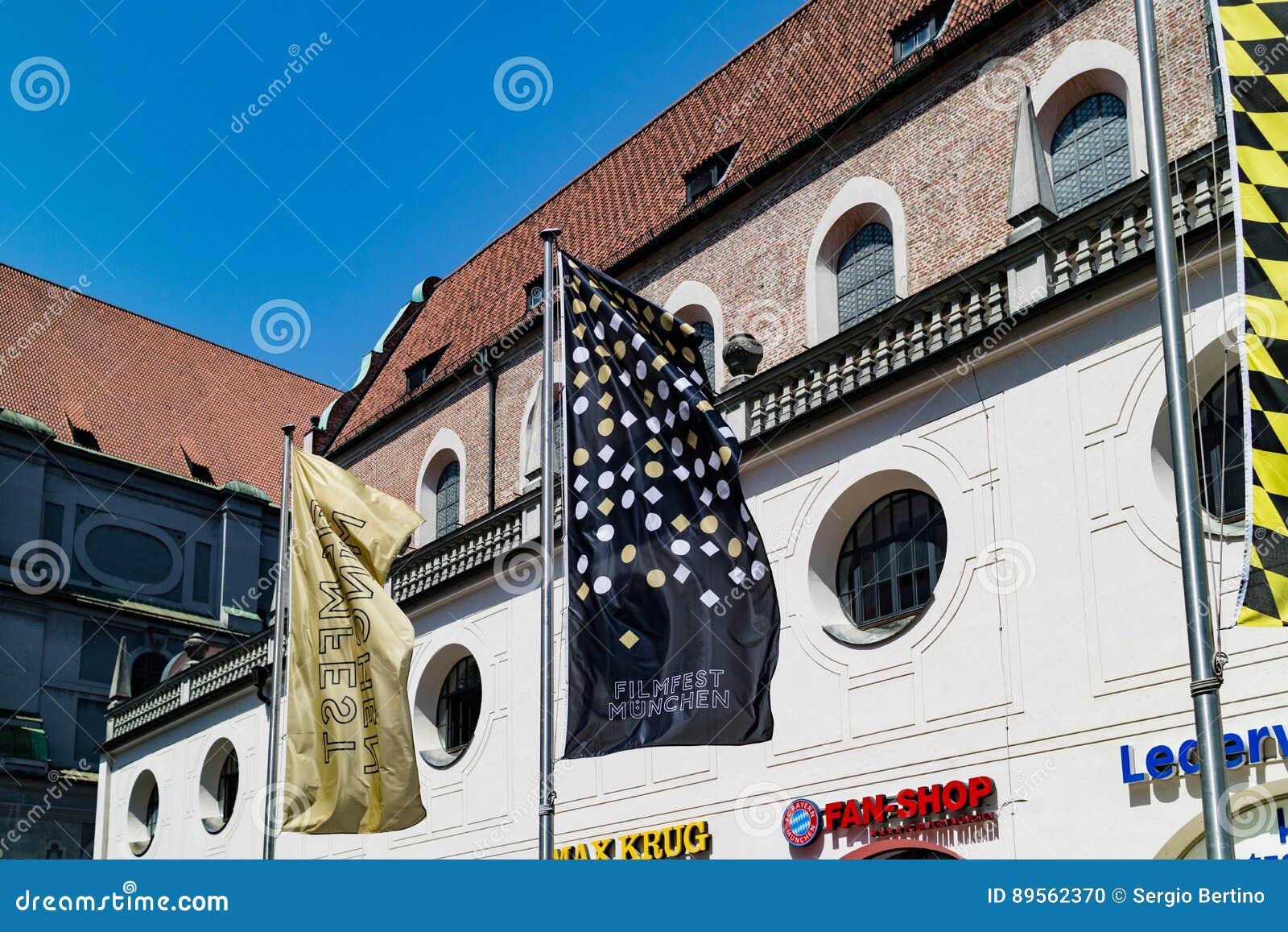 Vertical Hanging Flags in Front of Building Editorial Image - Image of ...