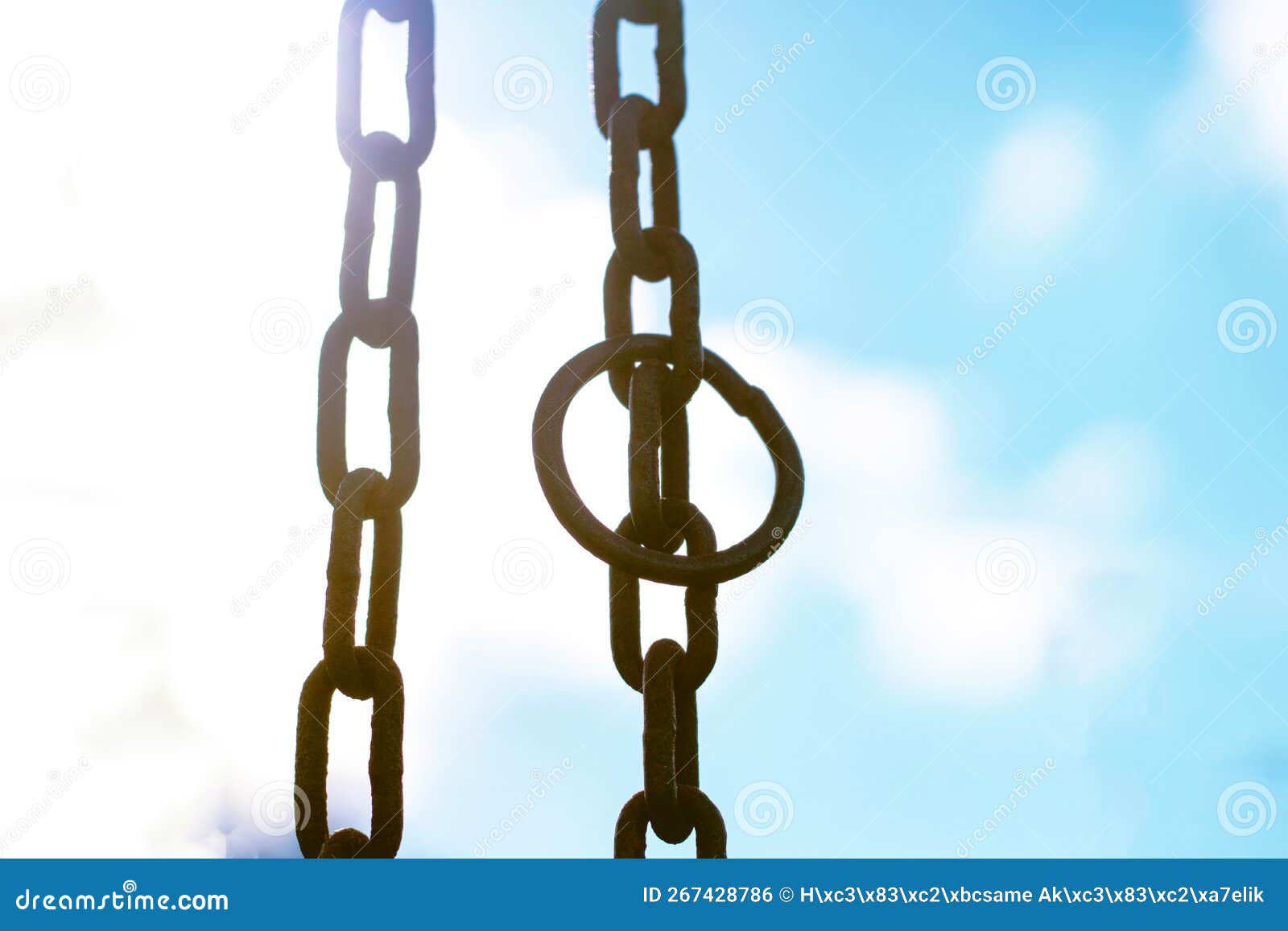 Vertical Hanging Rusty Chain. Sunlight, Blue Background Stock Photo ...