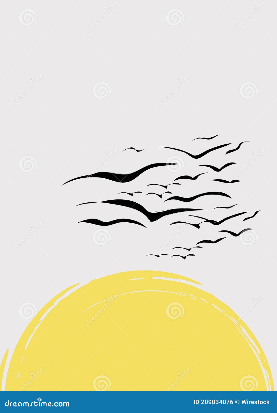Vertical Illustration of a Flock of Flying Birds on Sky and Yellow Sun ...