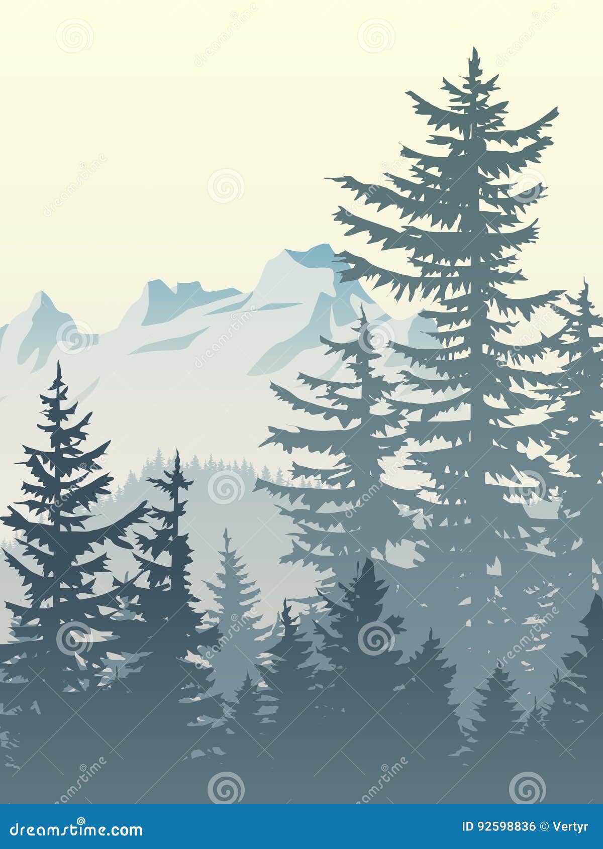 Vertical Illustration of Foggy Forest Mountains. Stock Vector ...