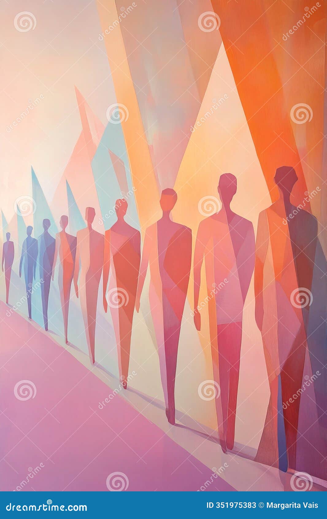 Vertical Illustration of a Group of Abstract Human Figures Marching ...