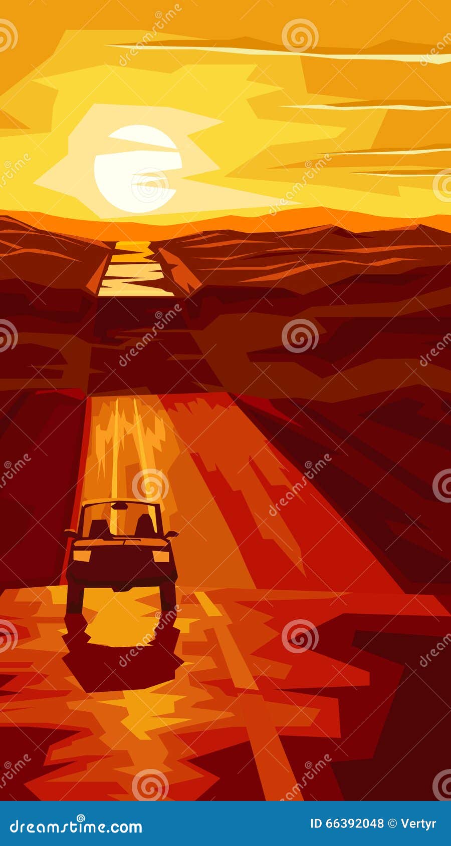 Vertical Illustration Road with Car at Sunset. Stock Vector ...