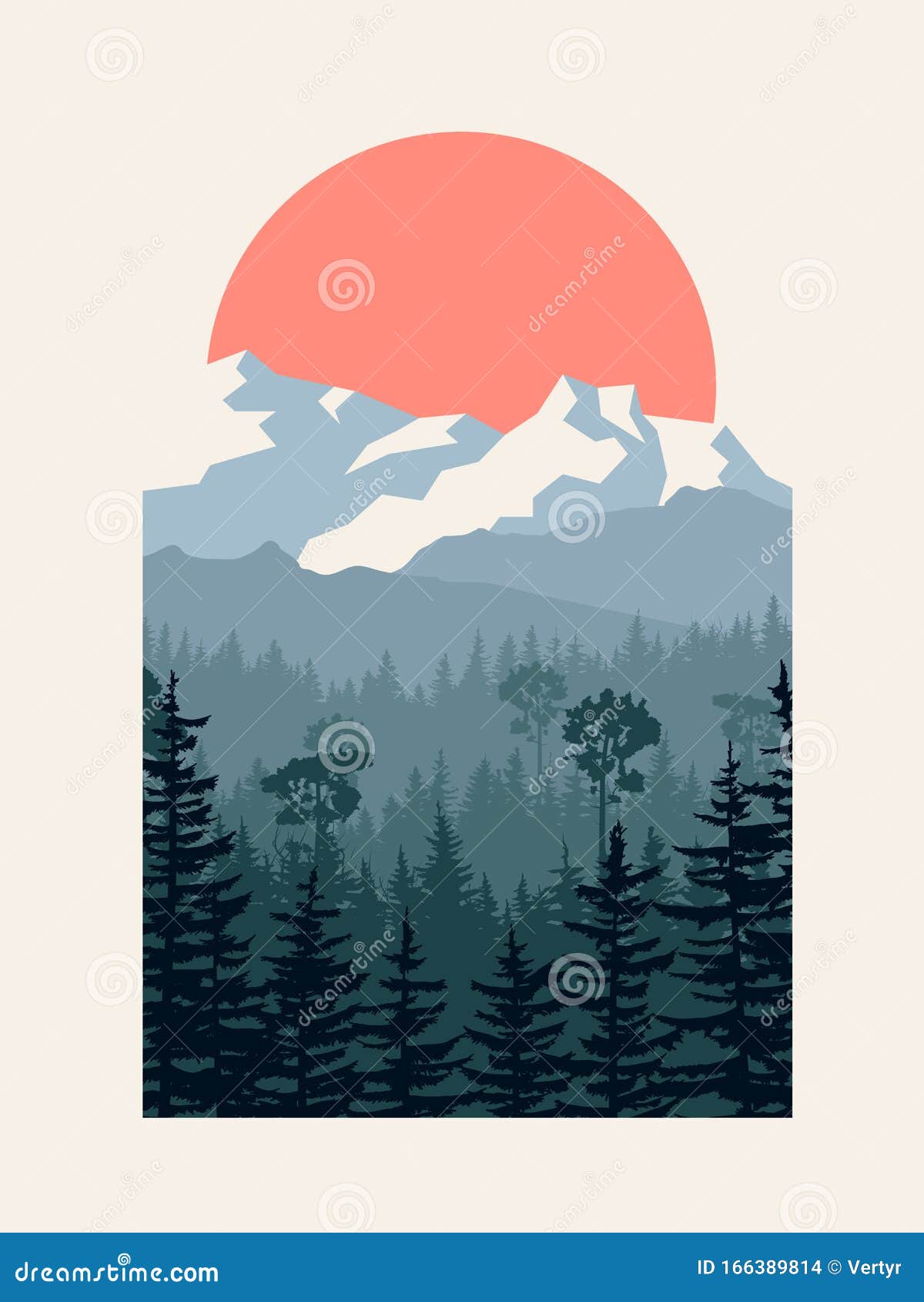 Vertical Illustration of Winter Coniferous Forest with Mountains. Stock ...