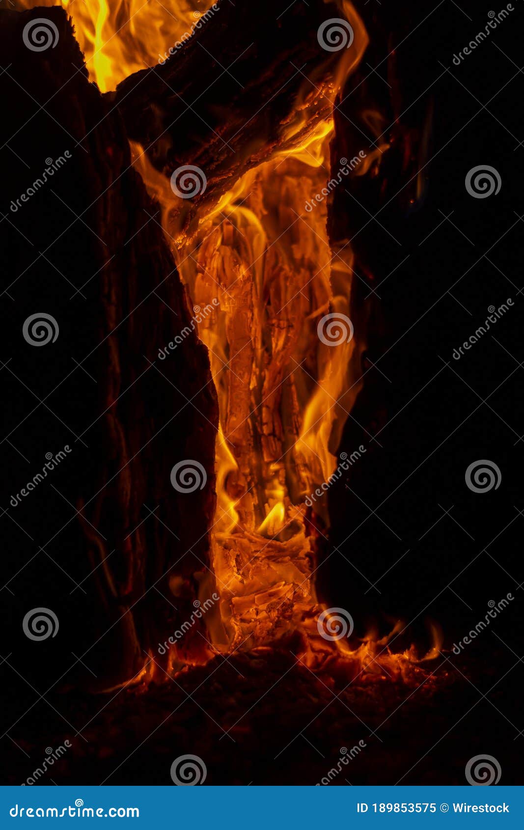 Vertical Image of a Burning Log Creating a Fiery Background Stock Image ...