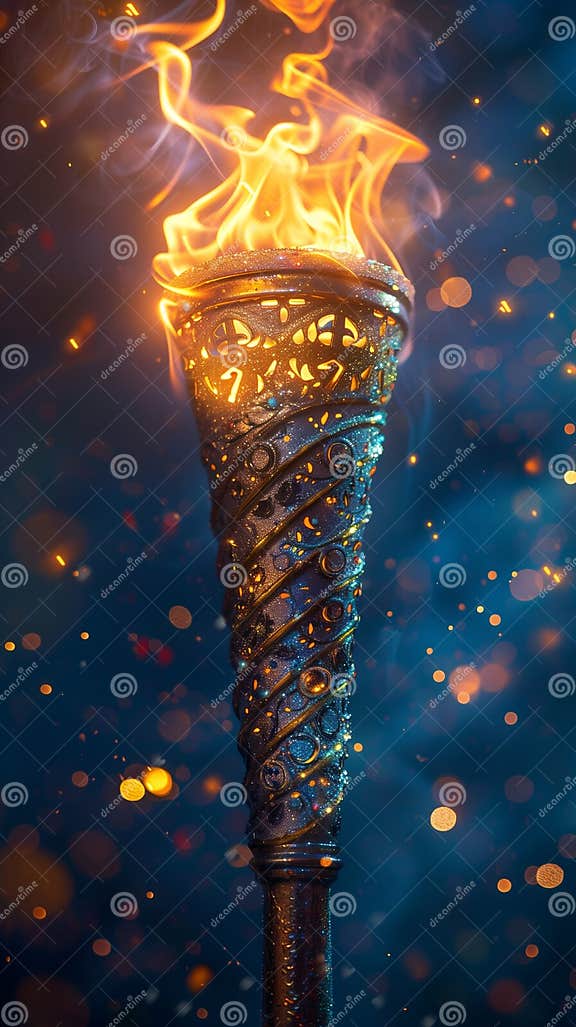 A Vertical Image of a Burning Torch with Forging Elements on a Dark ...