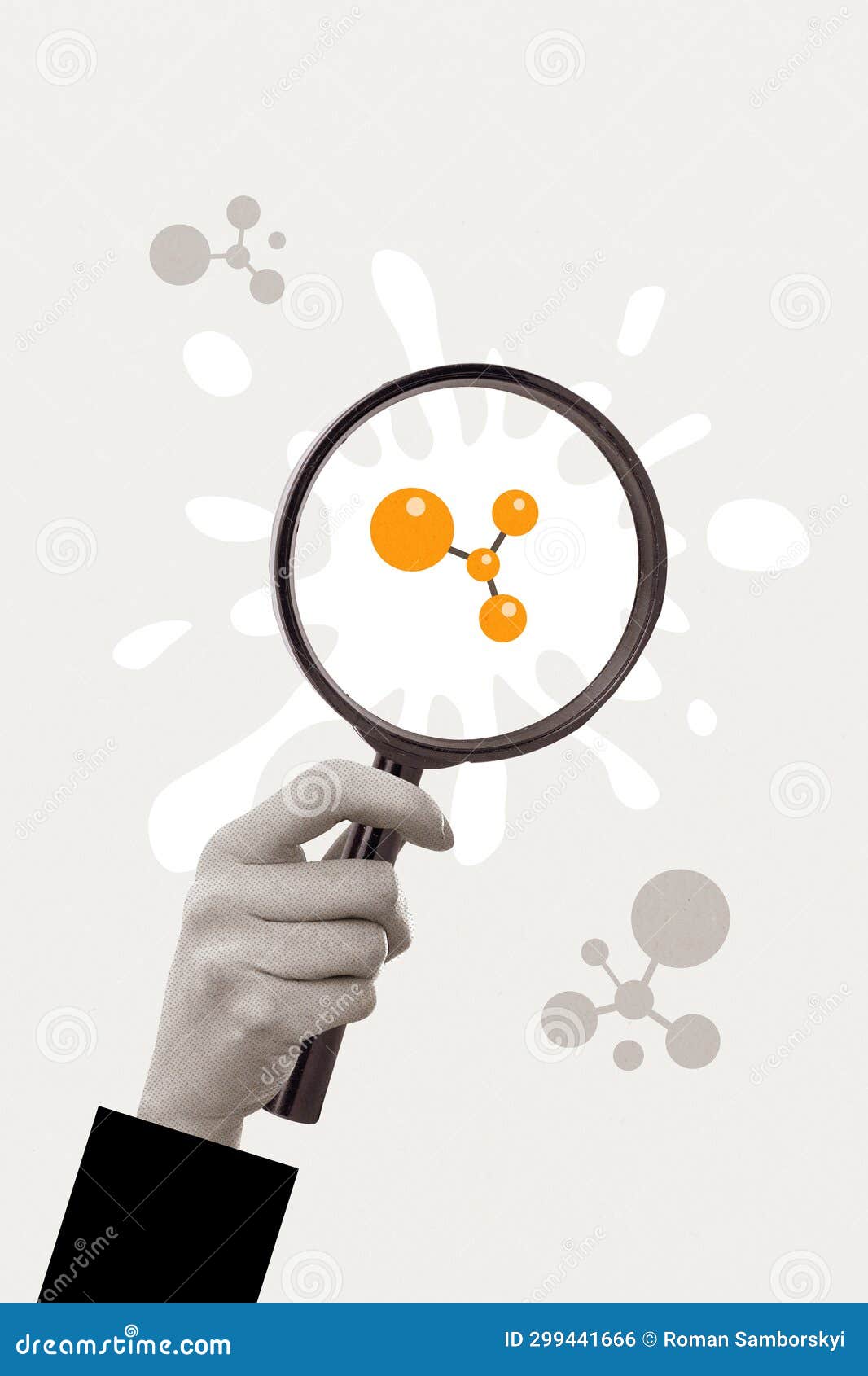 Vertical Image Collage Picture of Arm Hold Magnifier Exploring Molecule ...