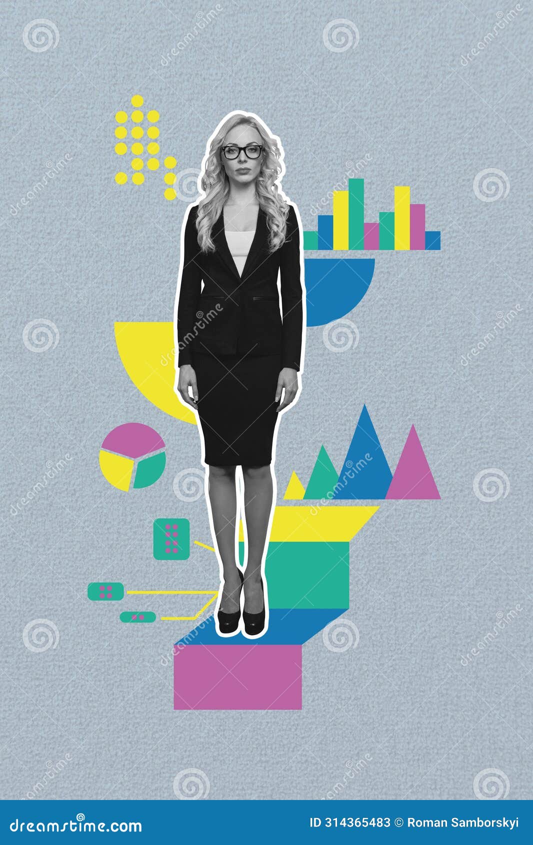 Vertical Image Collage of Serious Businesswoman Stand Charts Diagram ...