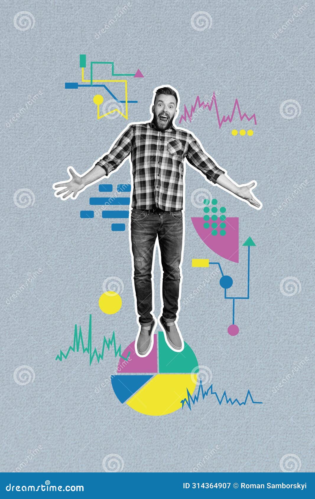Vertical Image Collage of Shocked Businessman Jump Diagram Charts ...