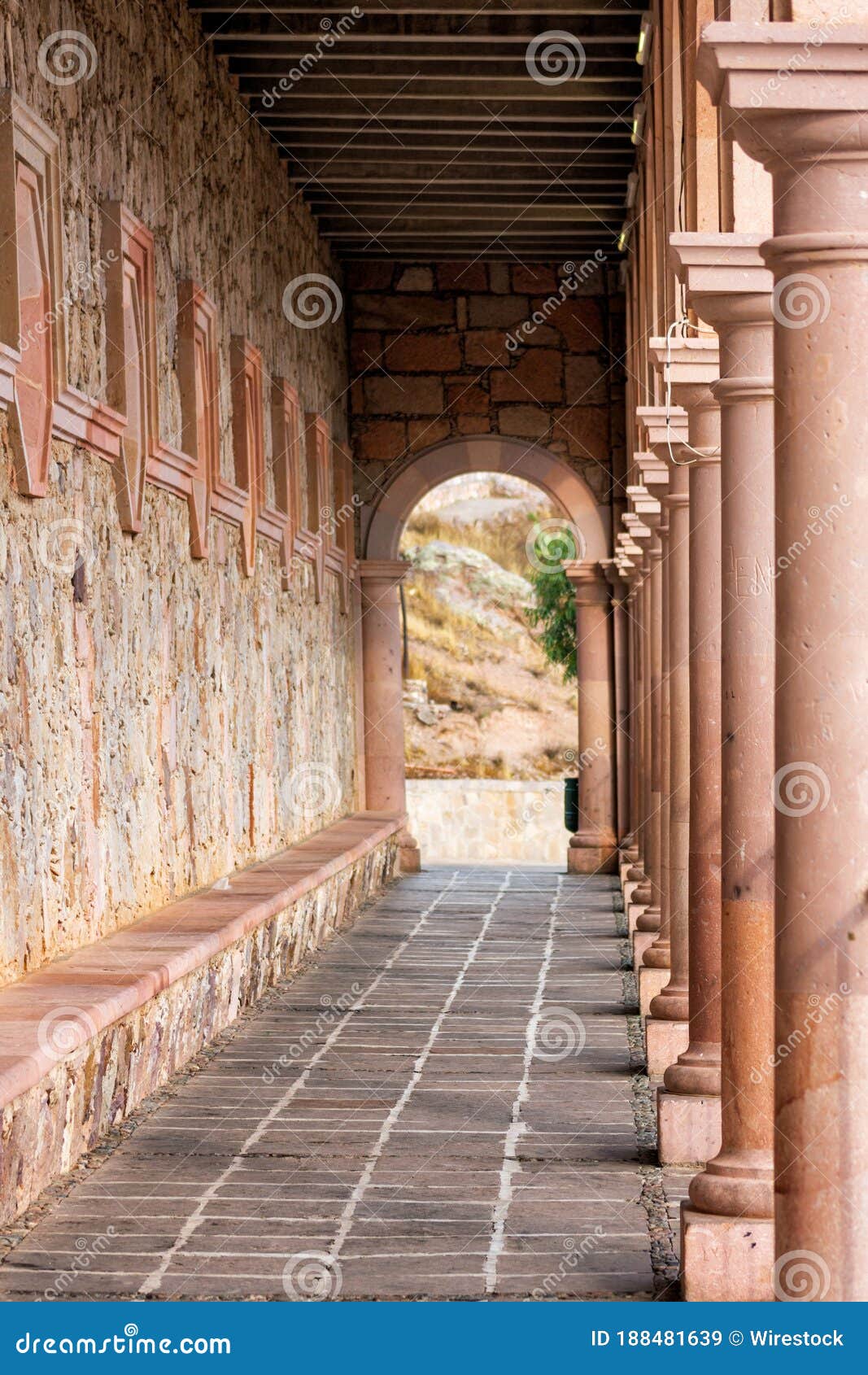 Vertical Image of the Corridor of a Temple Lined with Columns Leading ...