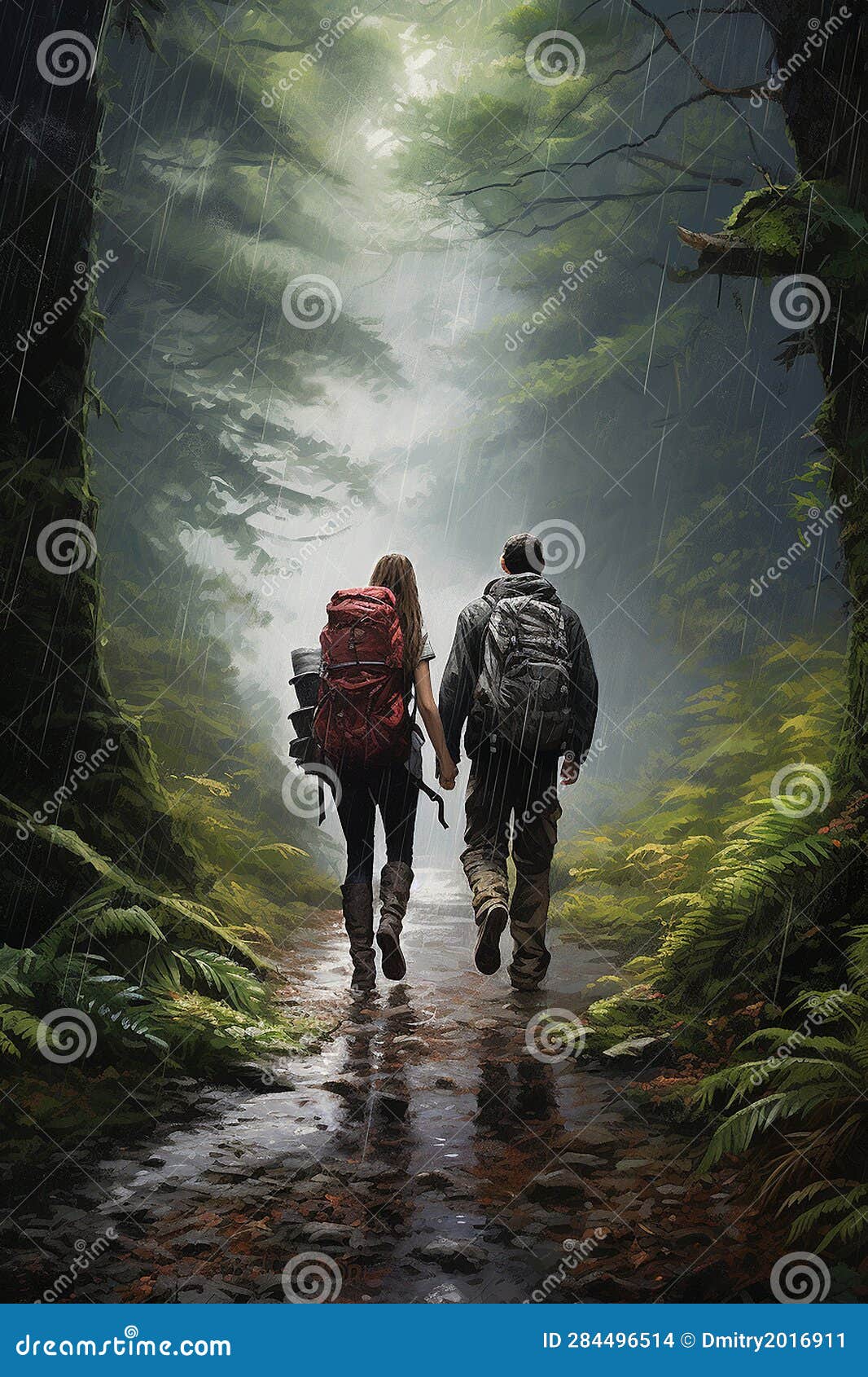 Couple Of Hikers Standing Triumphantly On A Mountain Summit, Arms ...
