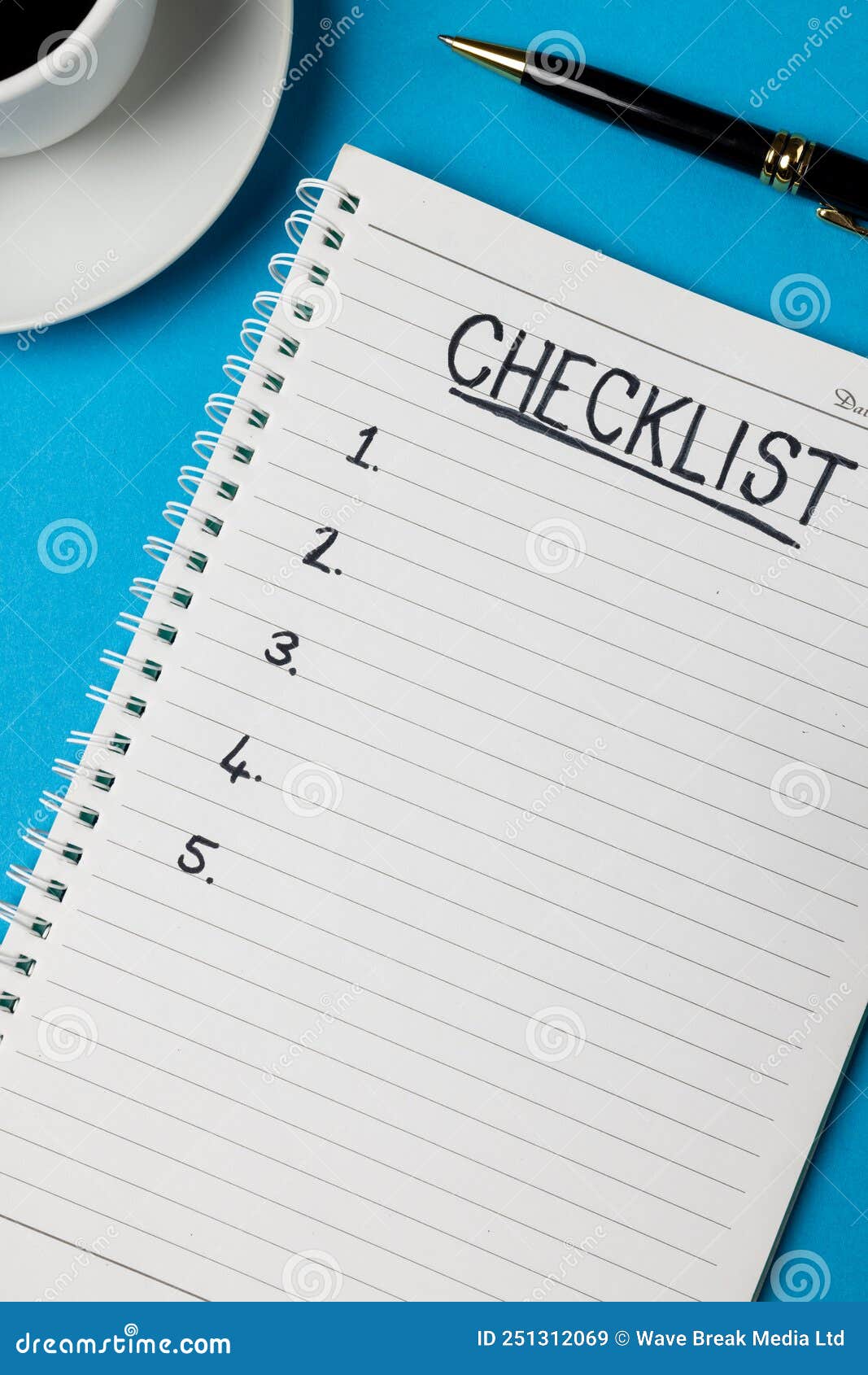 Vertical Image of Notebook with Checklist and Copy Space, Coffee and ...