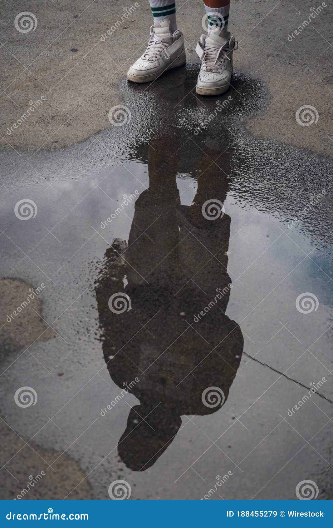 Vertical Image of a Reflection of a Man on a Puddle of Water Stock ...