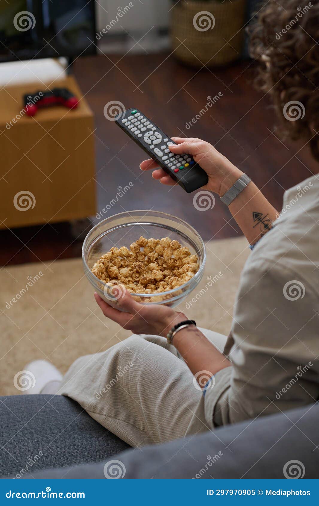 Woman Watching TV with Popcorn at Home Stock Image - Image of young ...