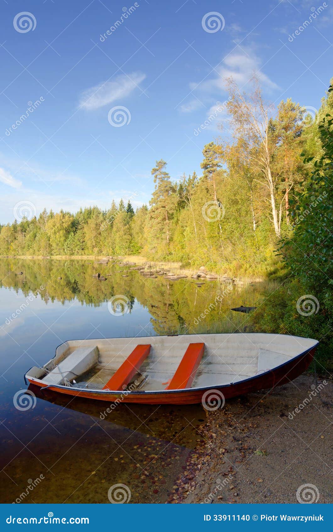 Vertical Lake Landscape with Red Rowboat Stock Photo - Image of mist ...