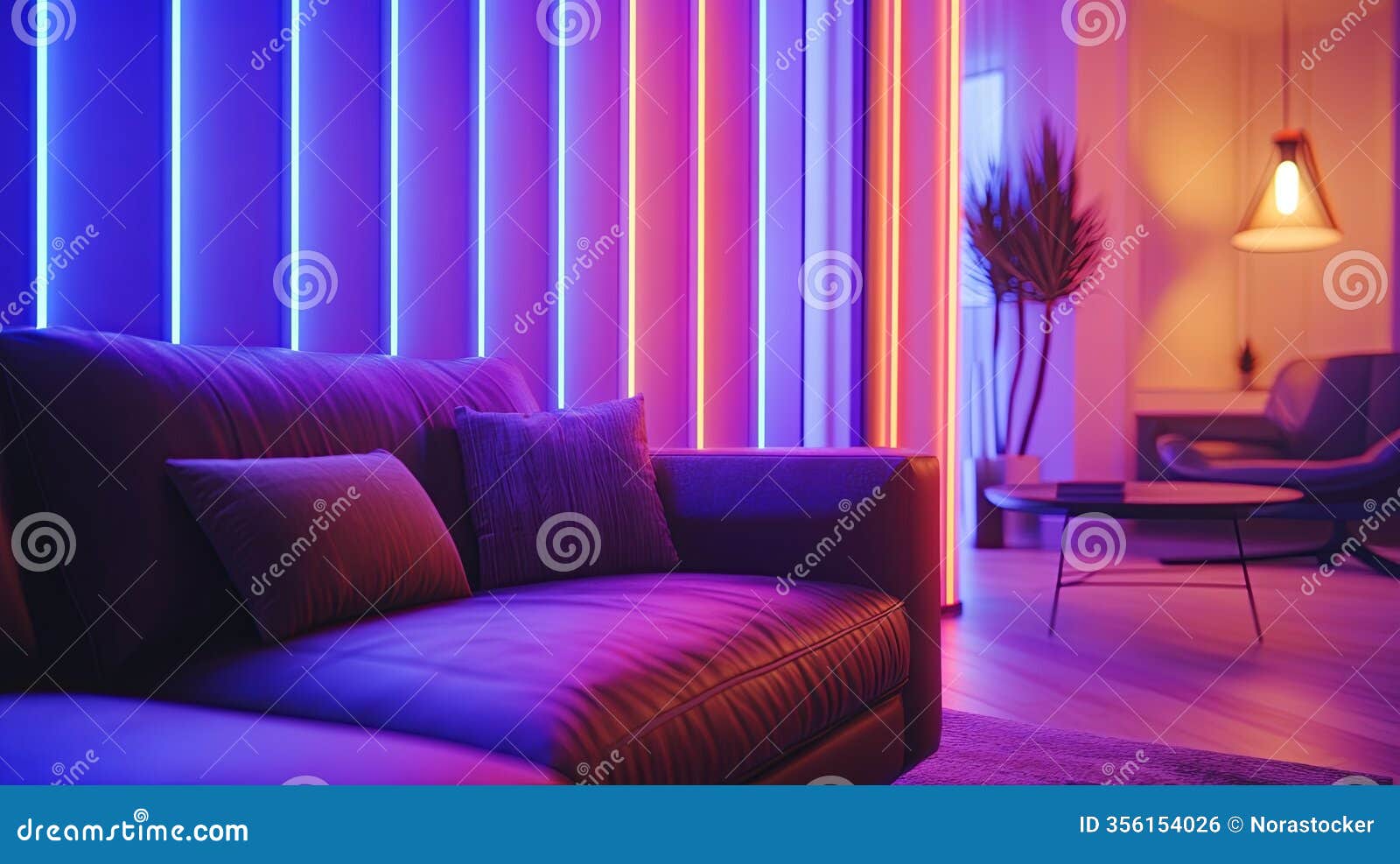 Vertical LED Strips Embedded in a Living Room Wall Panel, Creating a ...