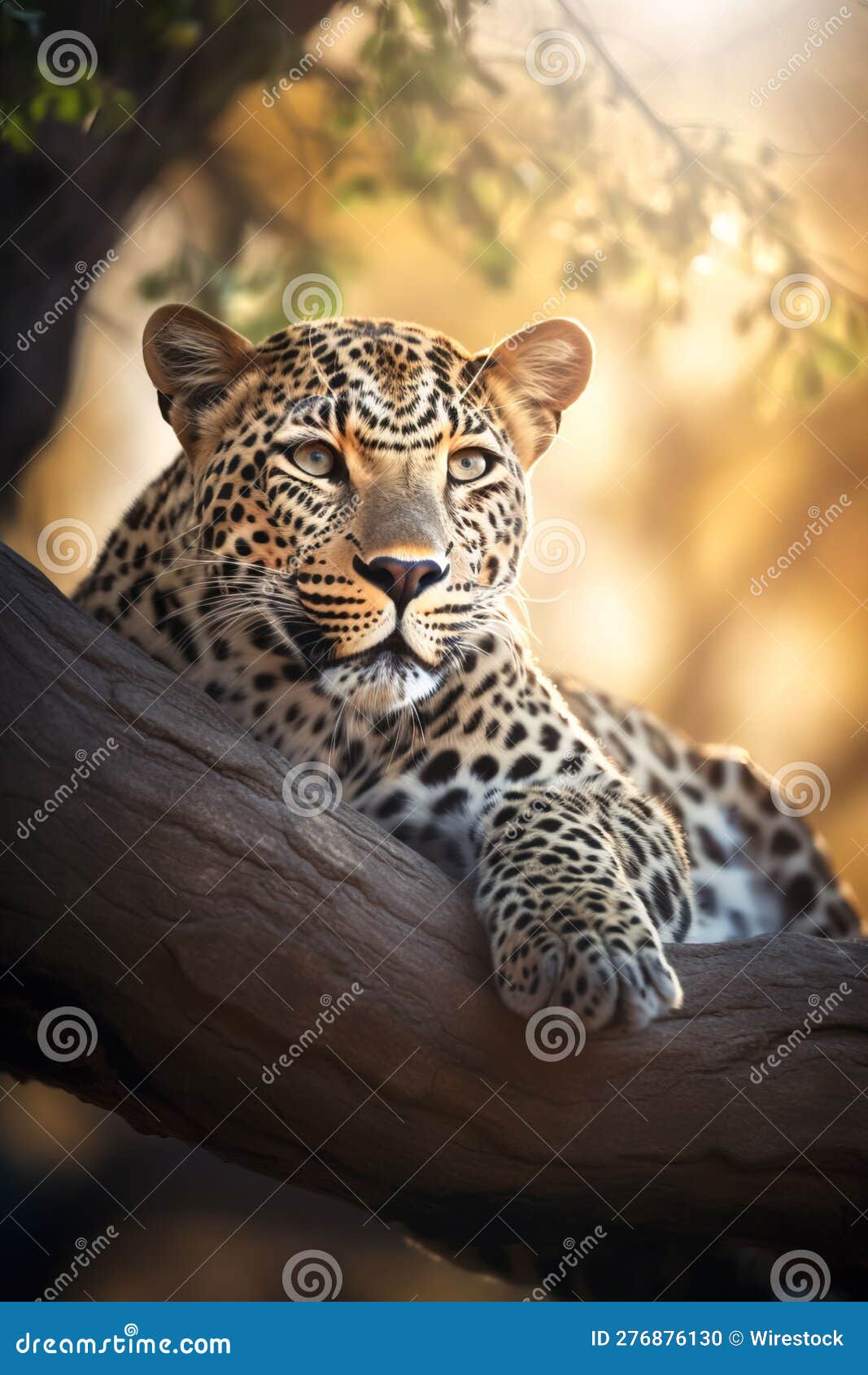 Vertical of a Leopard Perched on a Tree Branch Stock Photo - Image of ...