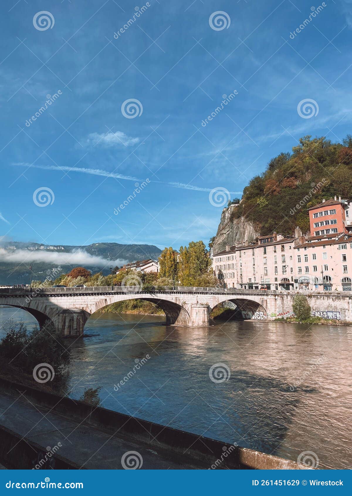 Vertical Low-angle Grenoble Bridge with Buildings and Clear Sky ...