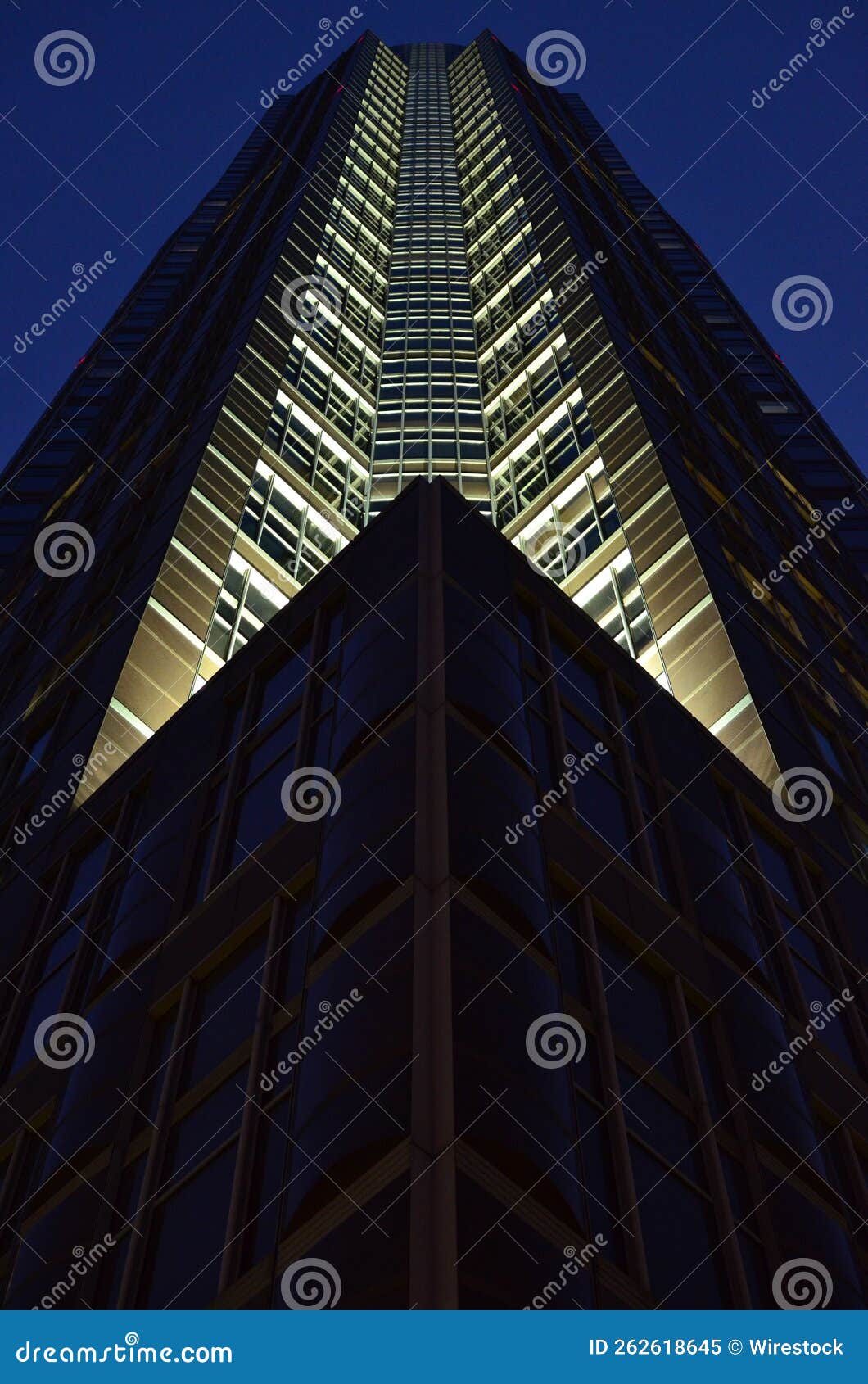 Vertical Low Angle of the MesseTurm Skyscraper at Night in Frankfurt ...