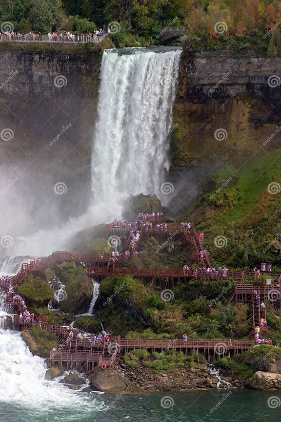 Vertical Low-angle of Niagara Falls with Trees and Sky Background Stock ...