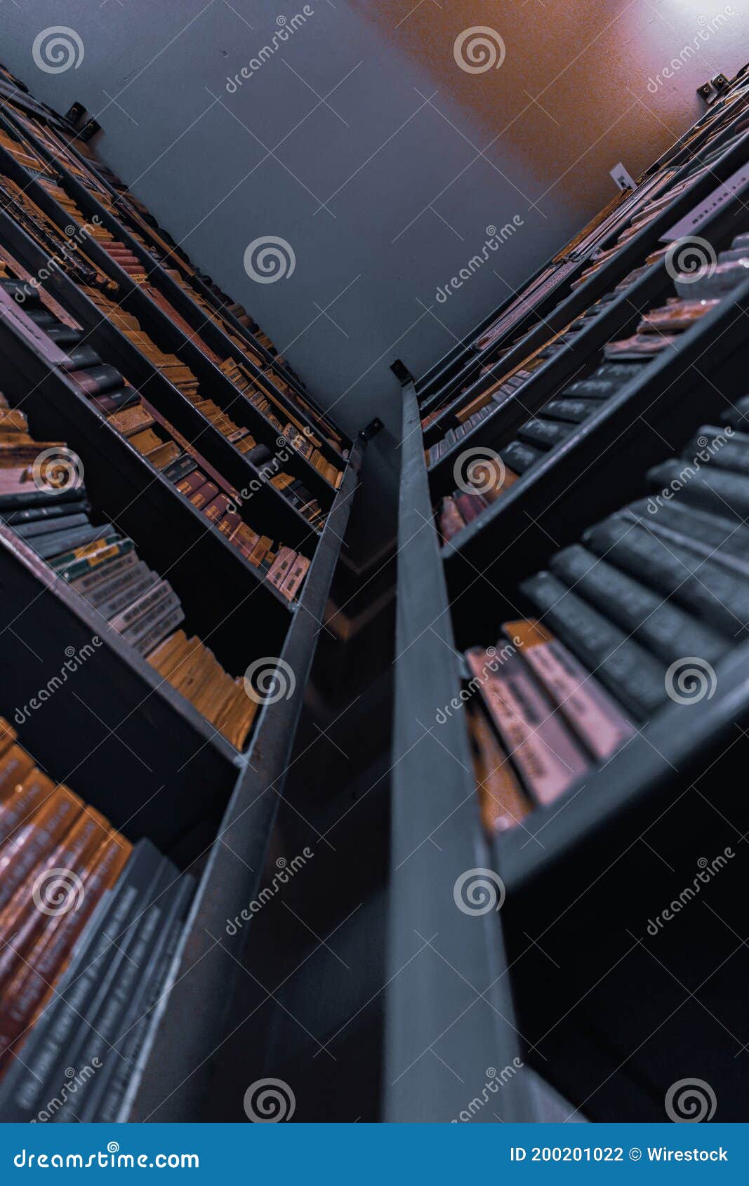 Vertical Low Angle Shot of Bookshelves with Books in the Library Stock ...