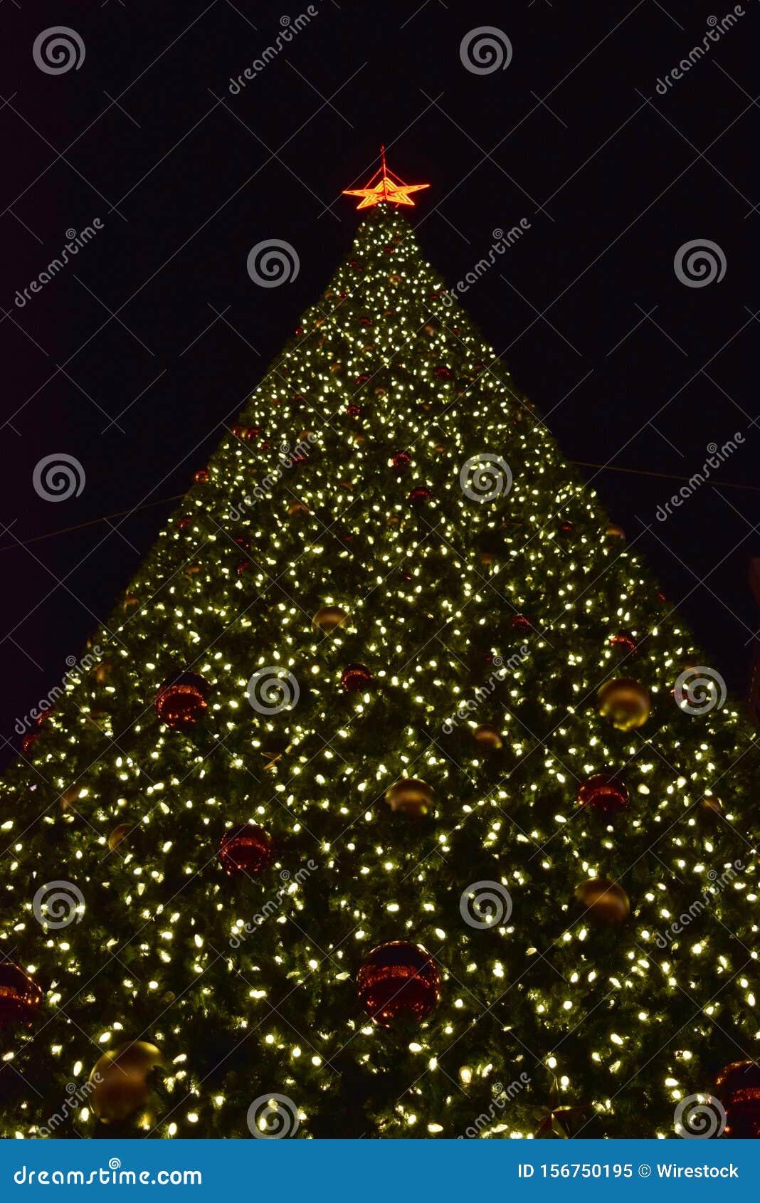 Vertical Low Angle Shot of a Christmas Tree with Lights, Ornaments and ...
