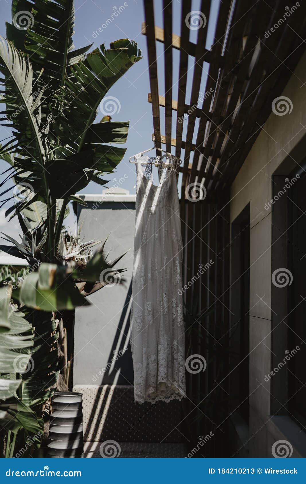 Vertical Low Angle Shot of a House Exterior with Plants and a Curtain ...