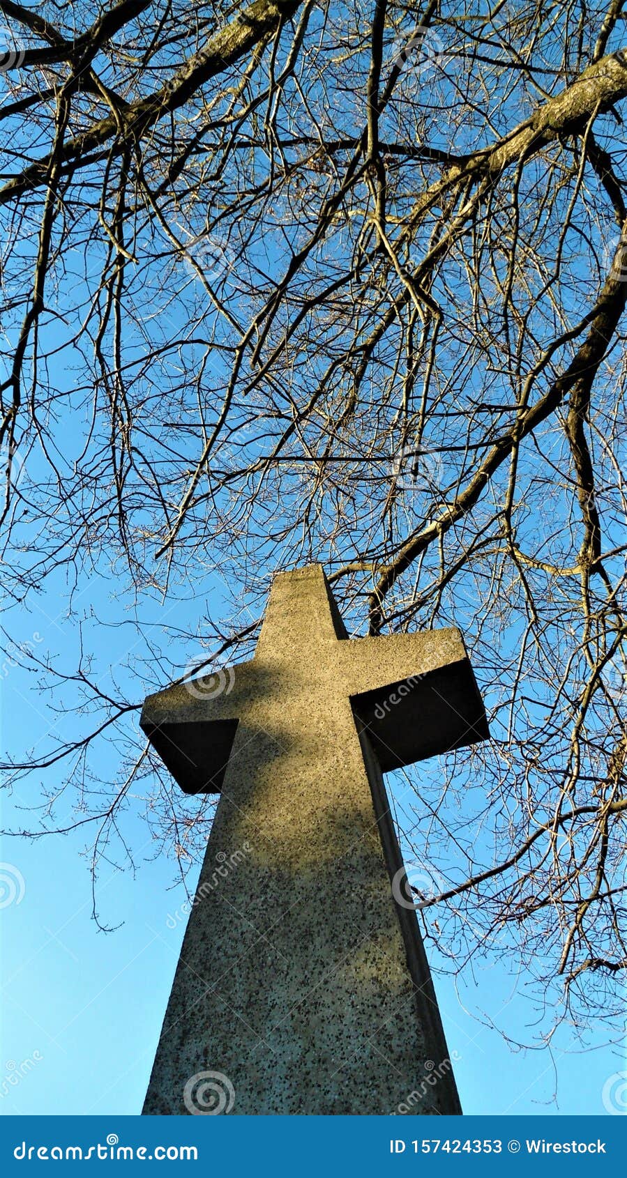 Vertical Low Angle Shot of Stone Made Cross Statue with Branches and ...