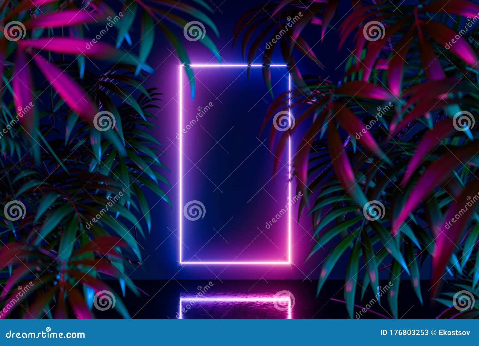Vertical Neon Frame with Pink Light on Tropical Leaves Background. 3D ...