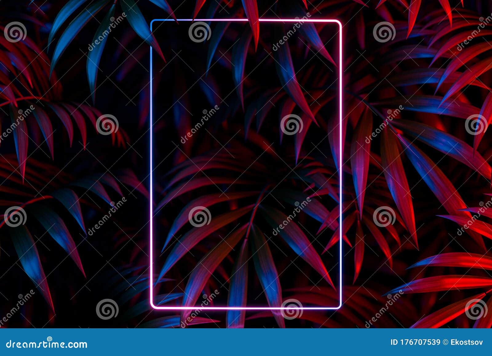 Vertical Neon Frame on Tropical Leaves Background. 3D Rendering. Empty ...
