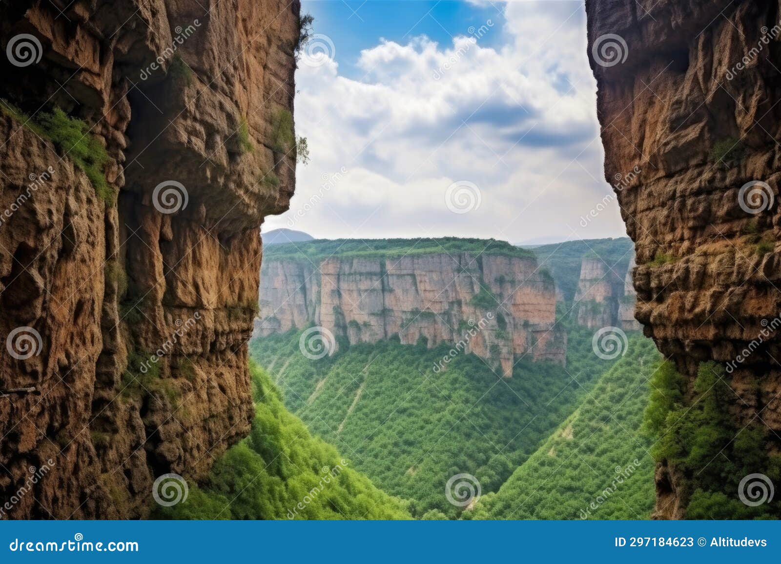 Vertical Panoramic View of a Towering Cliff with Cave Openings Stock ...