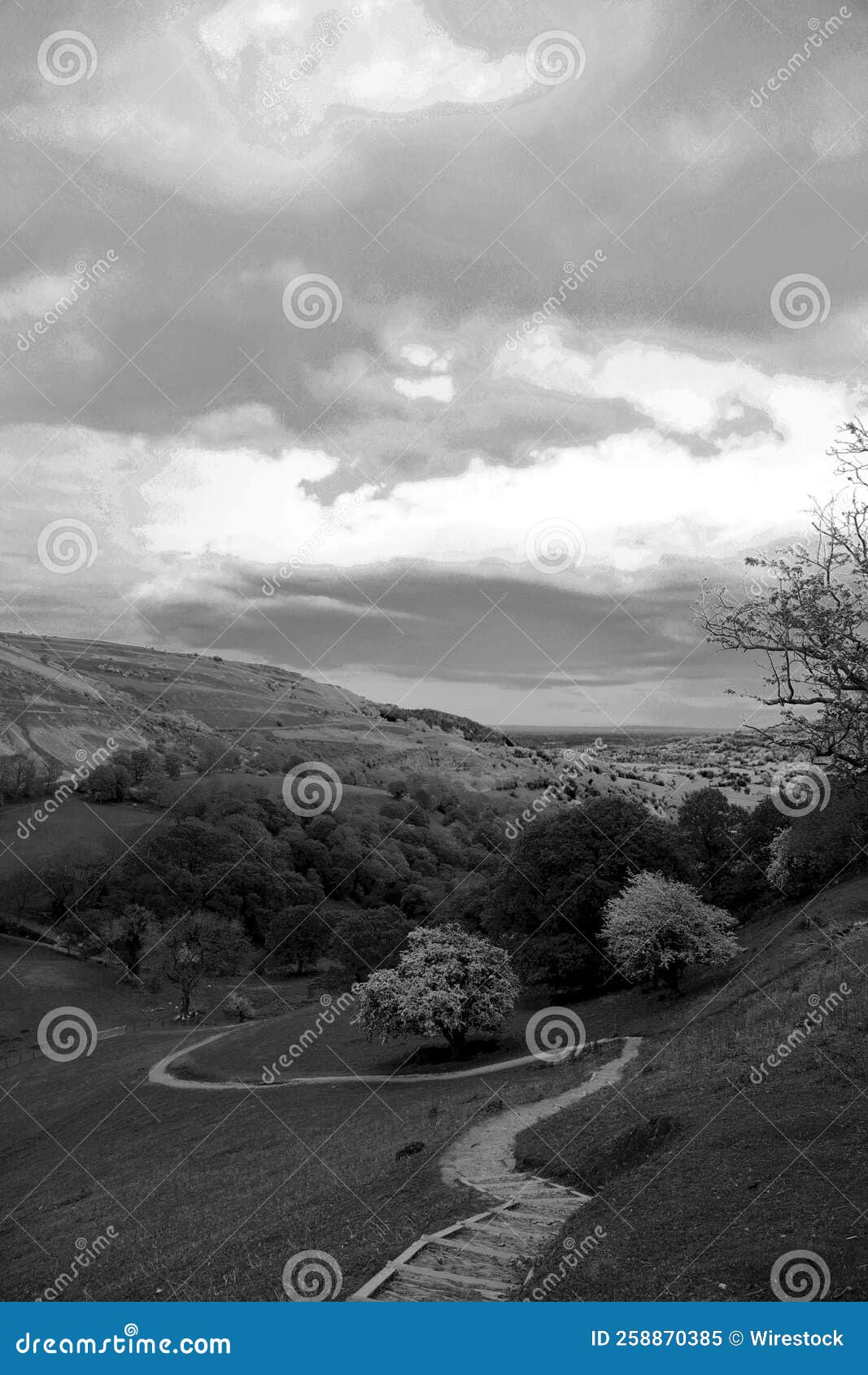 Vertical of a Pathway through the Hills in Black and White. Stock Image ...