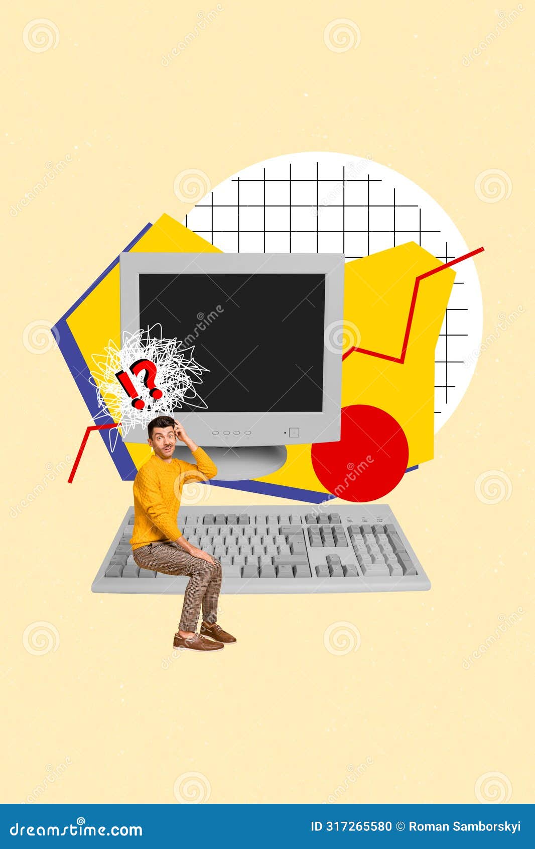 Vertical Photo Collage of Astonished Guy Sit Computer Display Keyboard ...