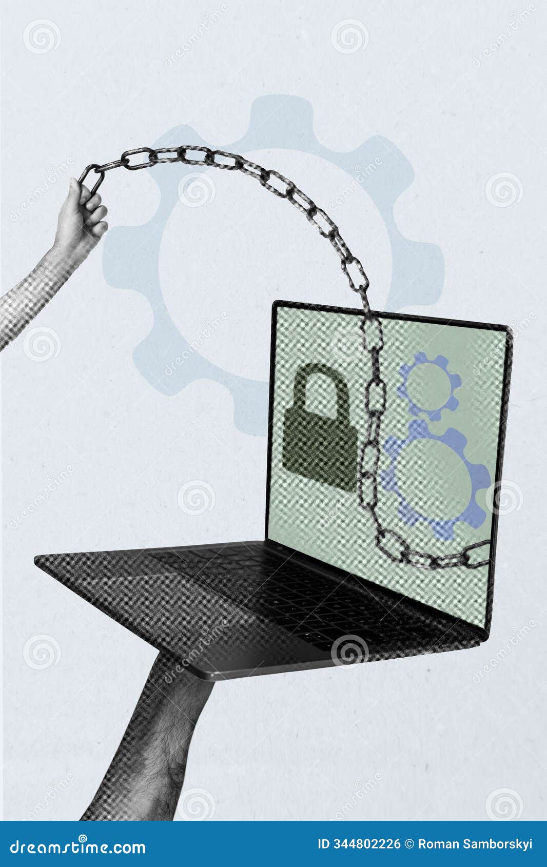 Vertical Photo Collage of Hand Hold Chain Blocked Laptop Device Lock ...