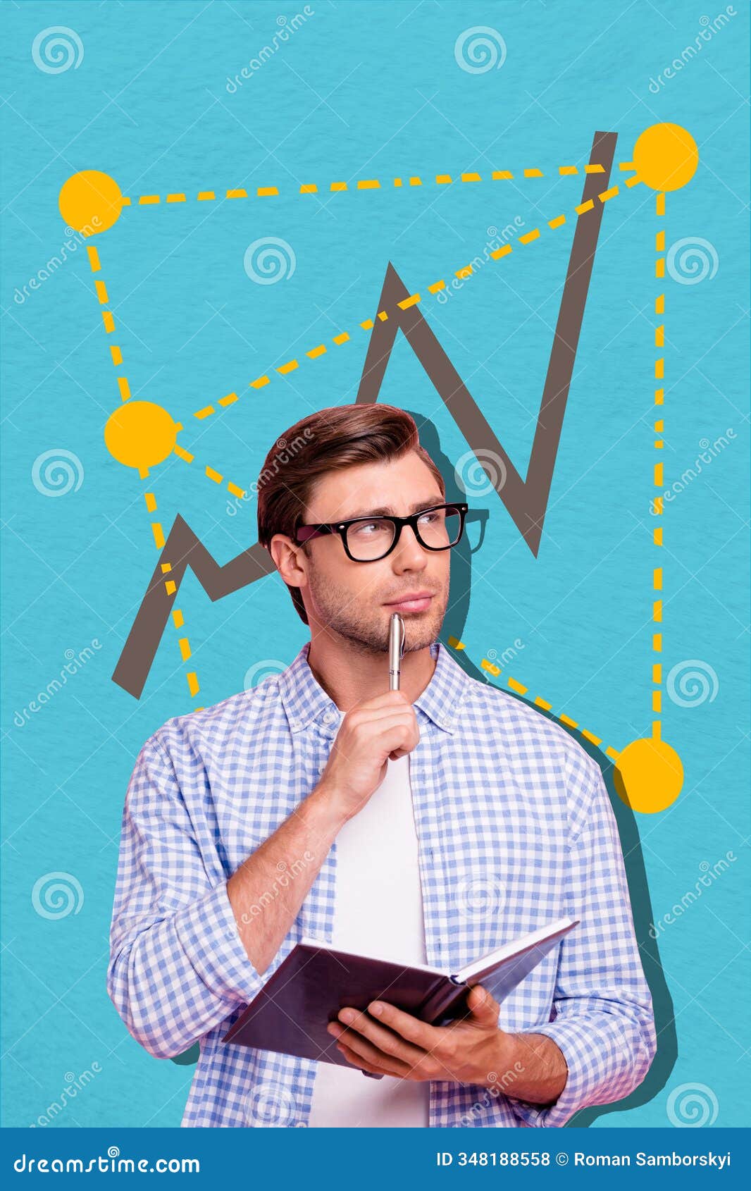 Vertical Photo Collage of Minded Businessman Hold Planner Pen Think ...