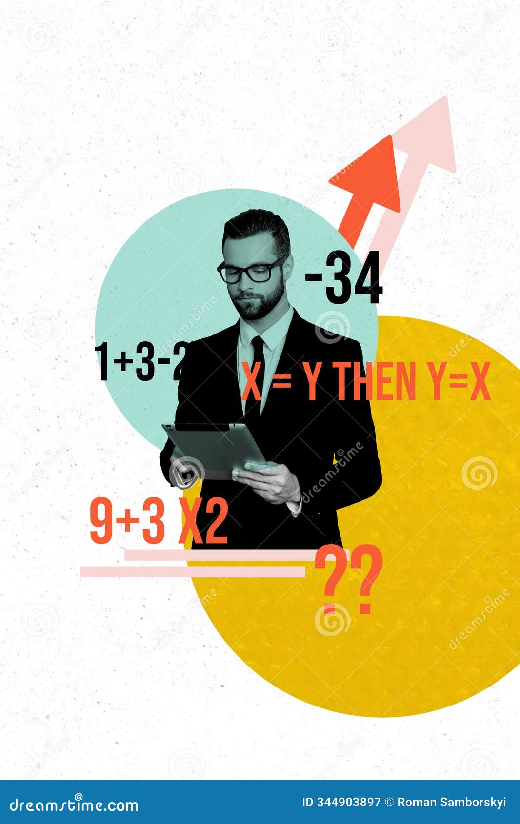 Vertical Photo Collage of Serious Businessman Hold Ereader Arrow ...