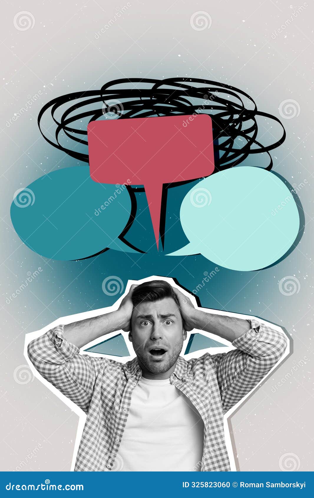 Vertical Photo Collage of Shocked Panic Guy Hold Head Bubble Speech ...