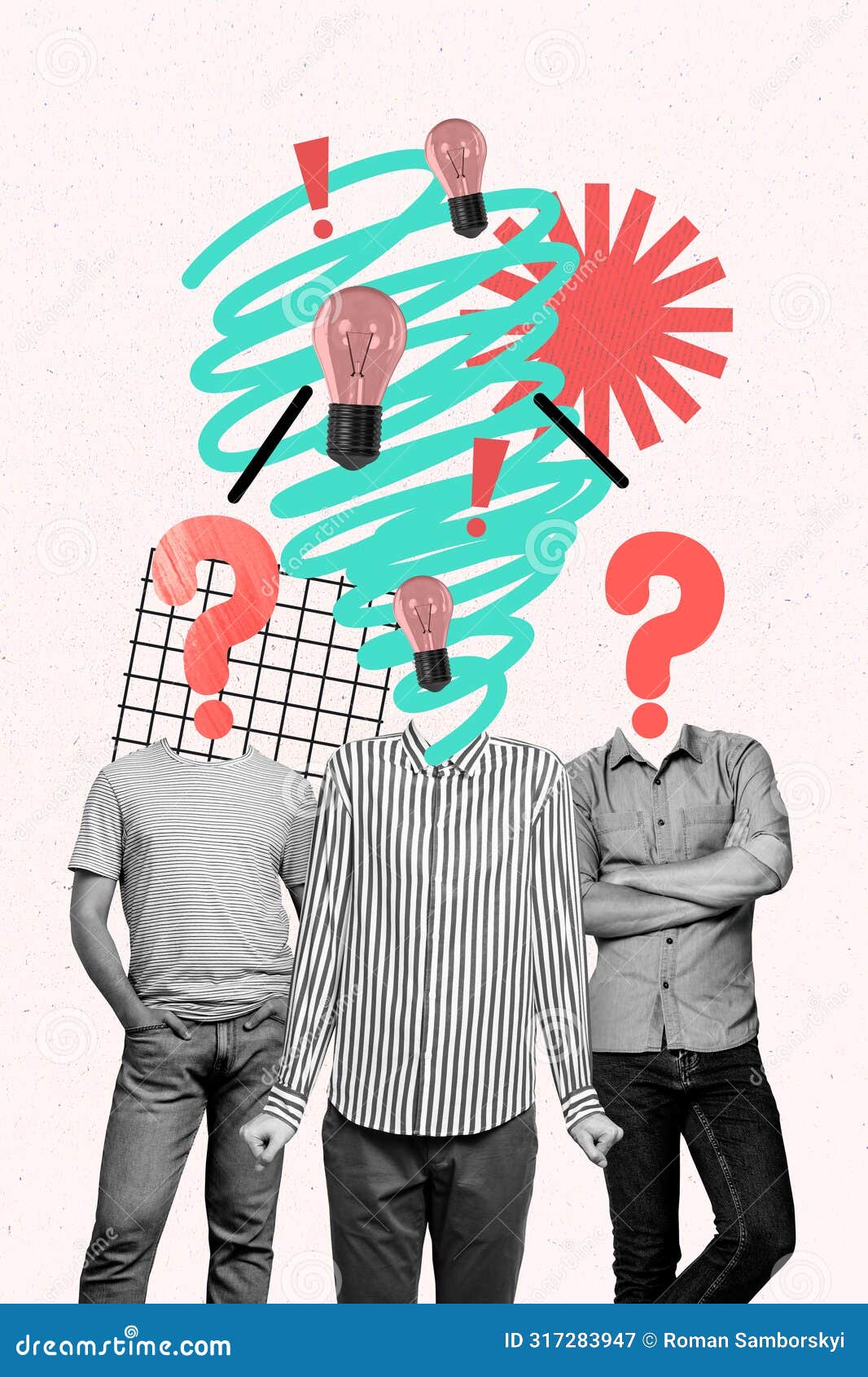 Vertical Photo Collage Three Men Standing Headless Puzzled Question ...