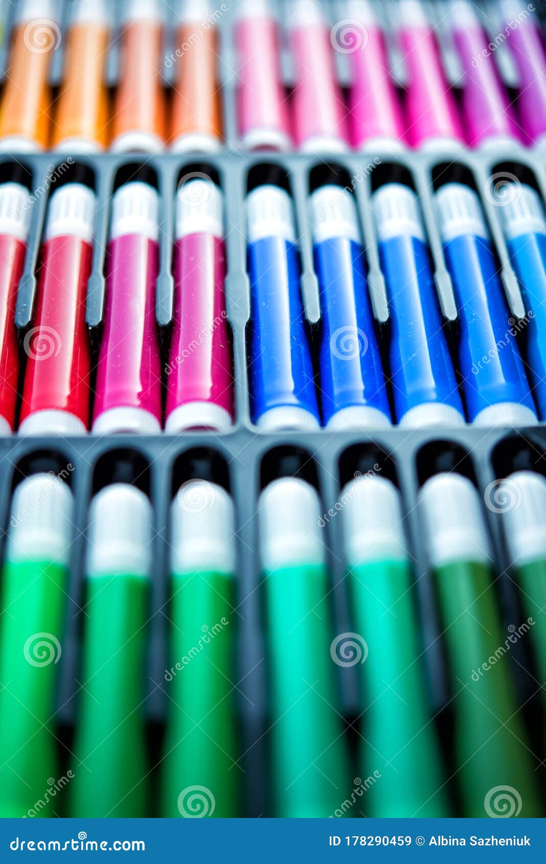 Vertical Picture Soft Focus Close-up of Palette of Colored Markers in ...