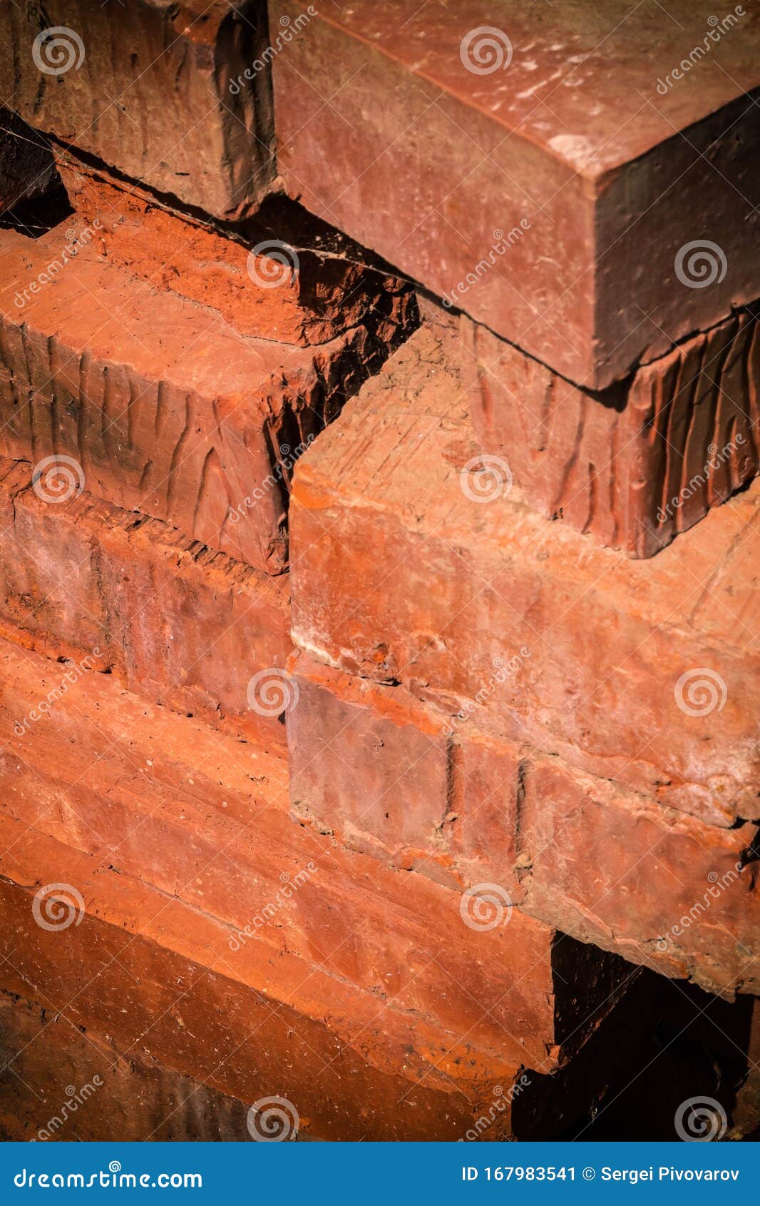 Vertical Pile Red, Brown Brick Piled In A Stack Closeup For ...