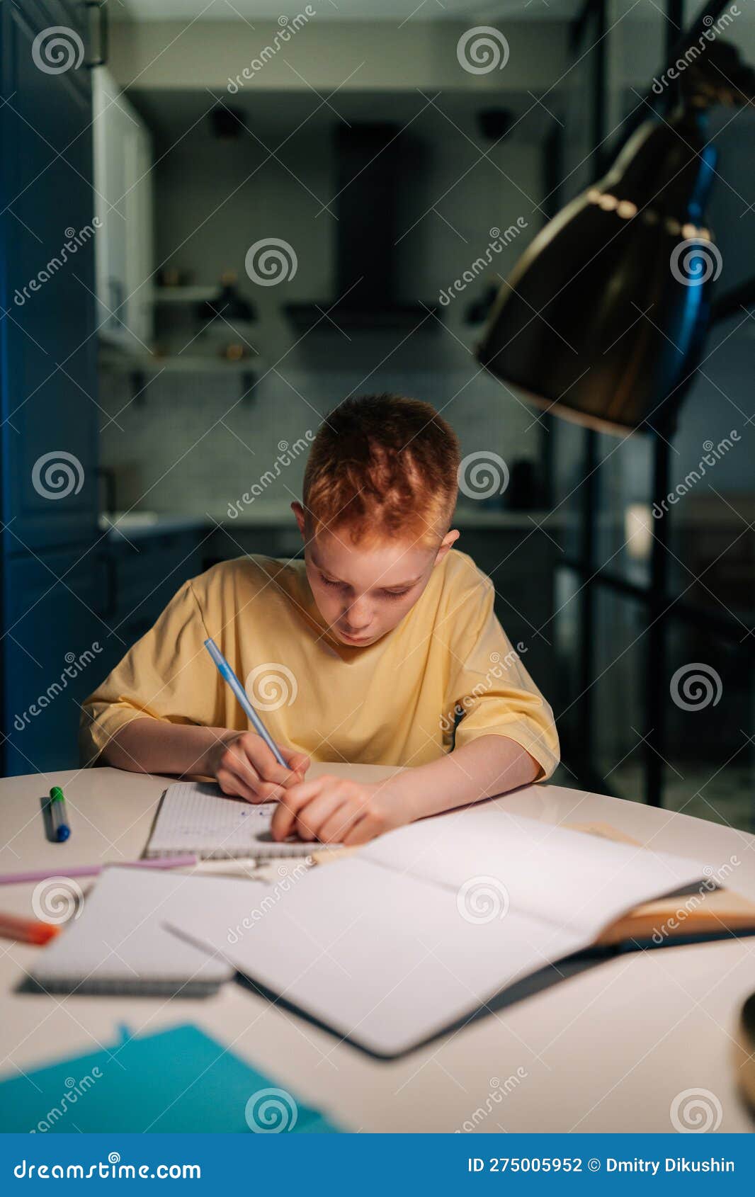 Vertical Portrait of Pupil Student Boy Studying at Home Writing in ...