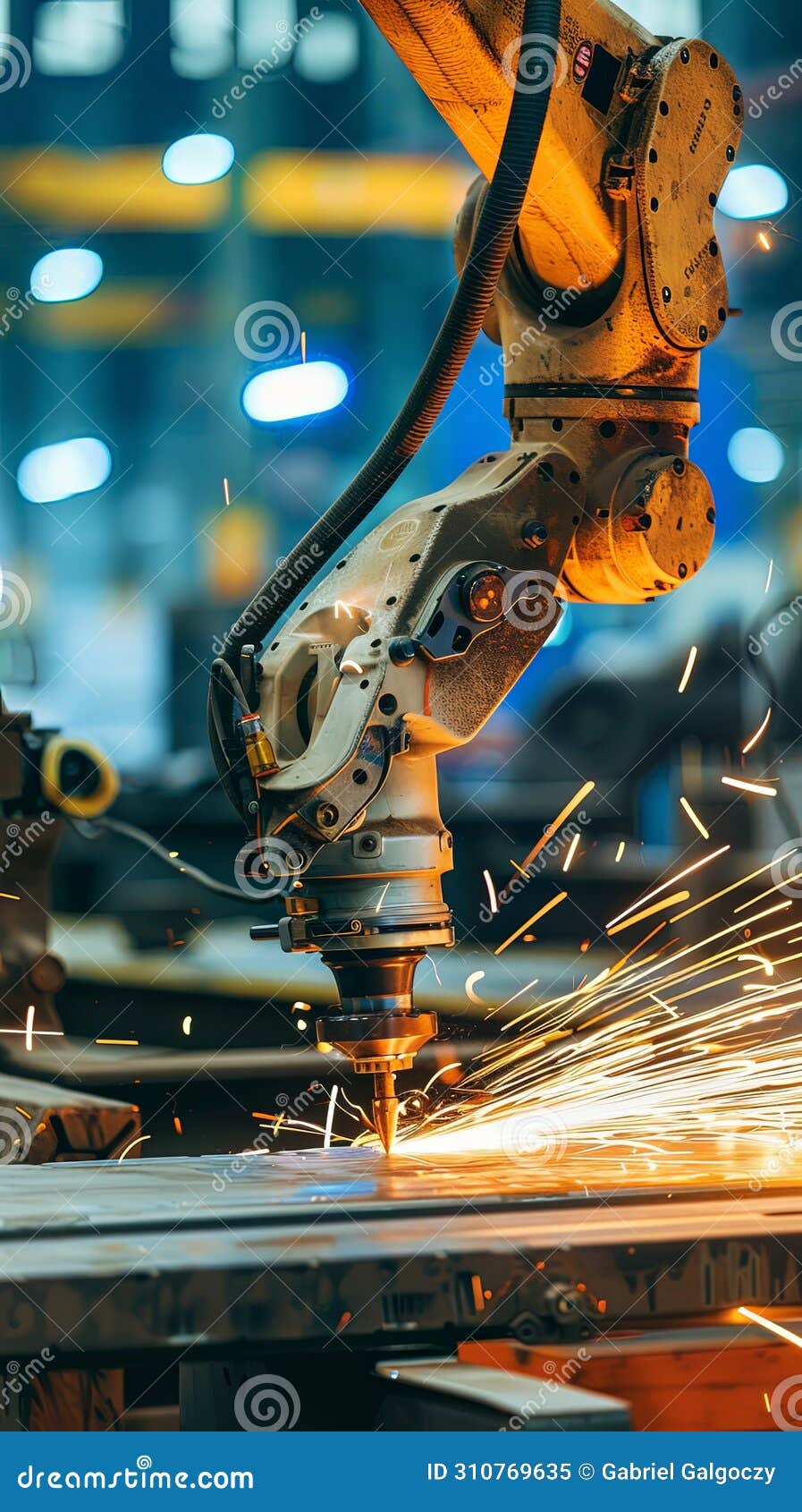 Vertical Portrait of Robot Arm Welding in Factory Stock Illustration ...