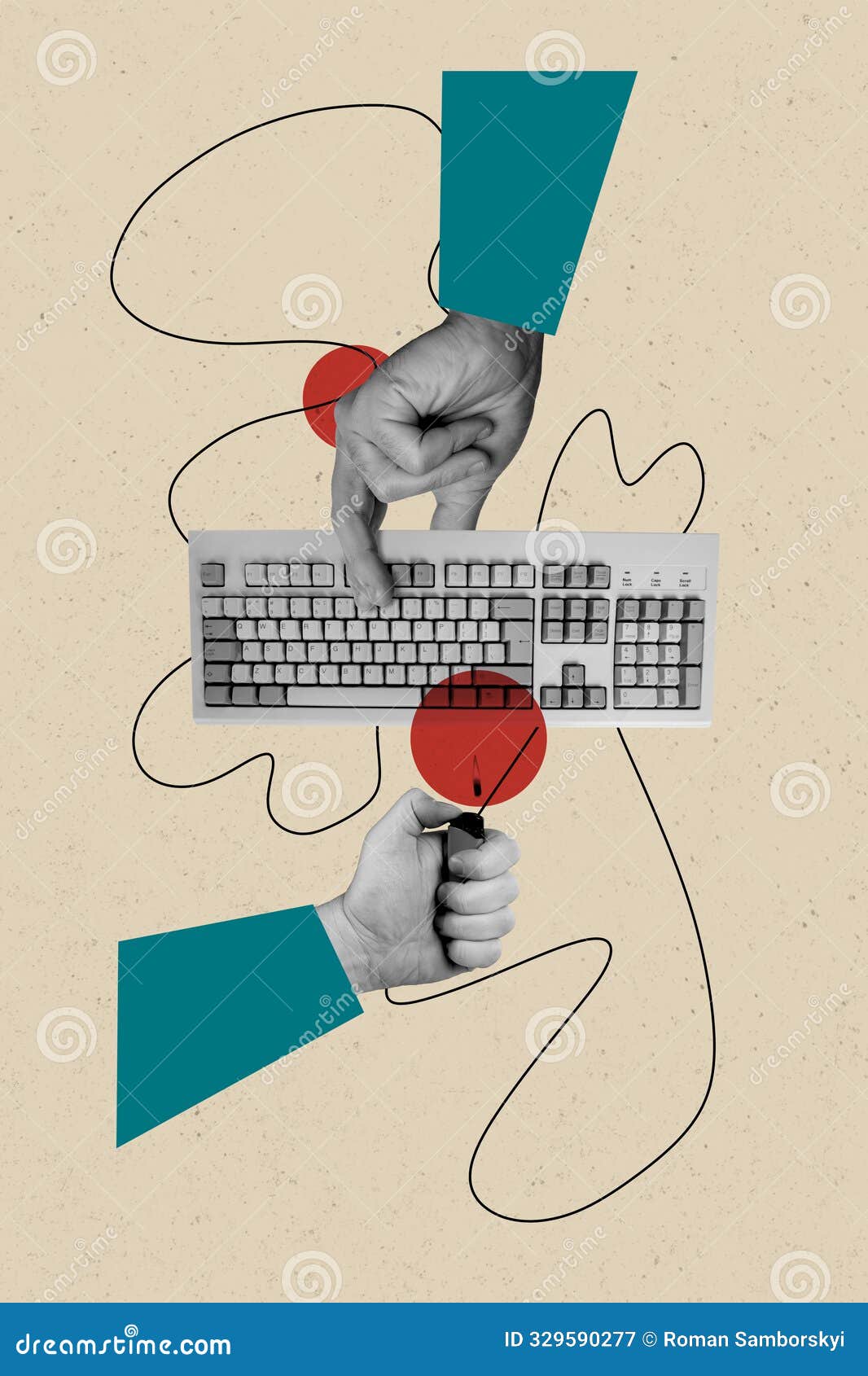 Vertical Poster Collage Human Hands Keyboard Lighter Burn Ignite Keys ...