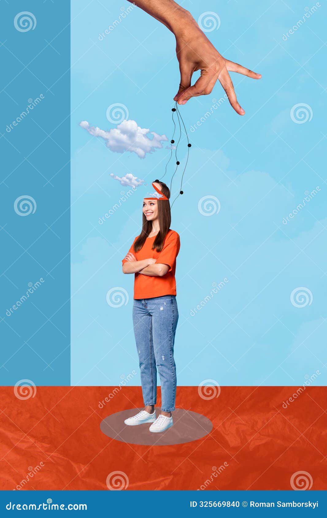 Vertical Poster Collage Psychedelic Image Young Cheerful Woman Hand ...