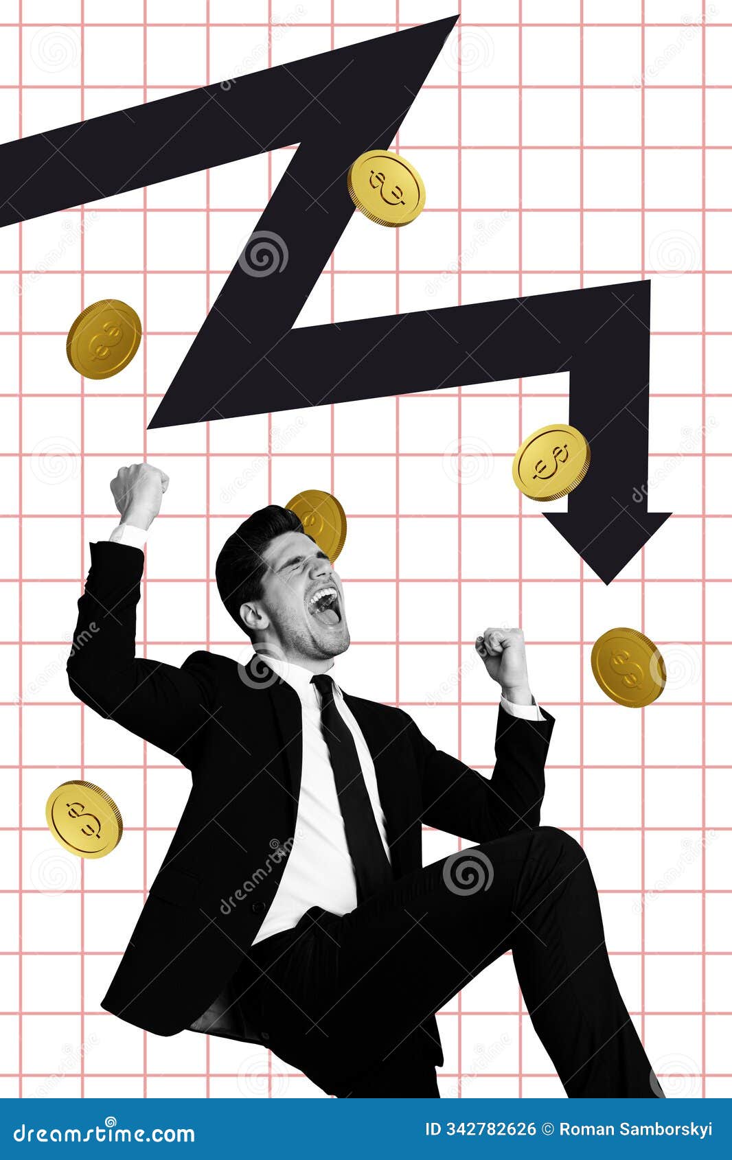Vertical Poster Collage Young Upset Screaming Man Economy Recession Arrow Decrease Charts Golden ...