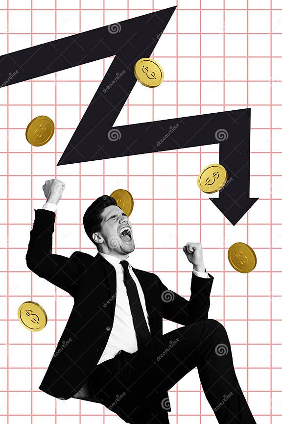 Vertical Poster Collage Young Upset Screaming Man Economy Recession Arrow Decrease Charts Golden ...