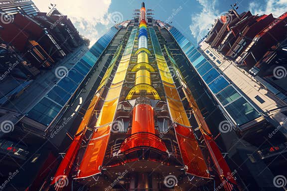 Vertical Rainbow Structure Against an Urban Cityscape, Creating a ...