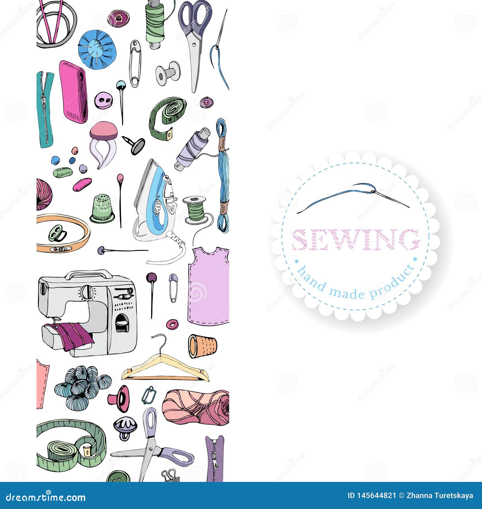 Vertical Rectangle Composition with Items for Sewing. Hand Drawn Ink ...