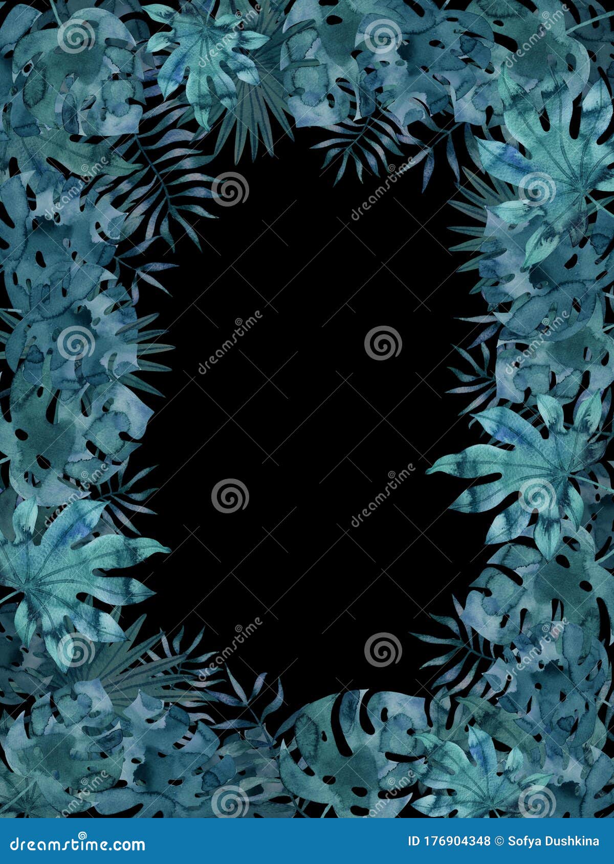 Vertical Rectangular Dark Frame Template with Watercolor Tropical ...