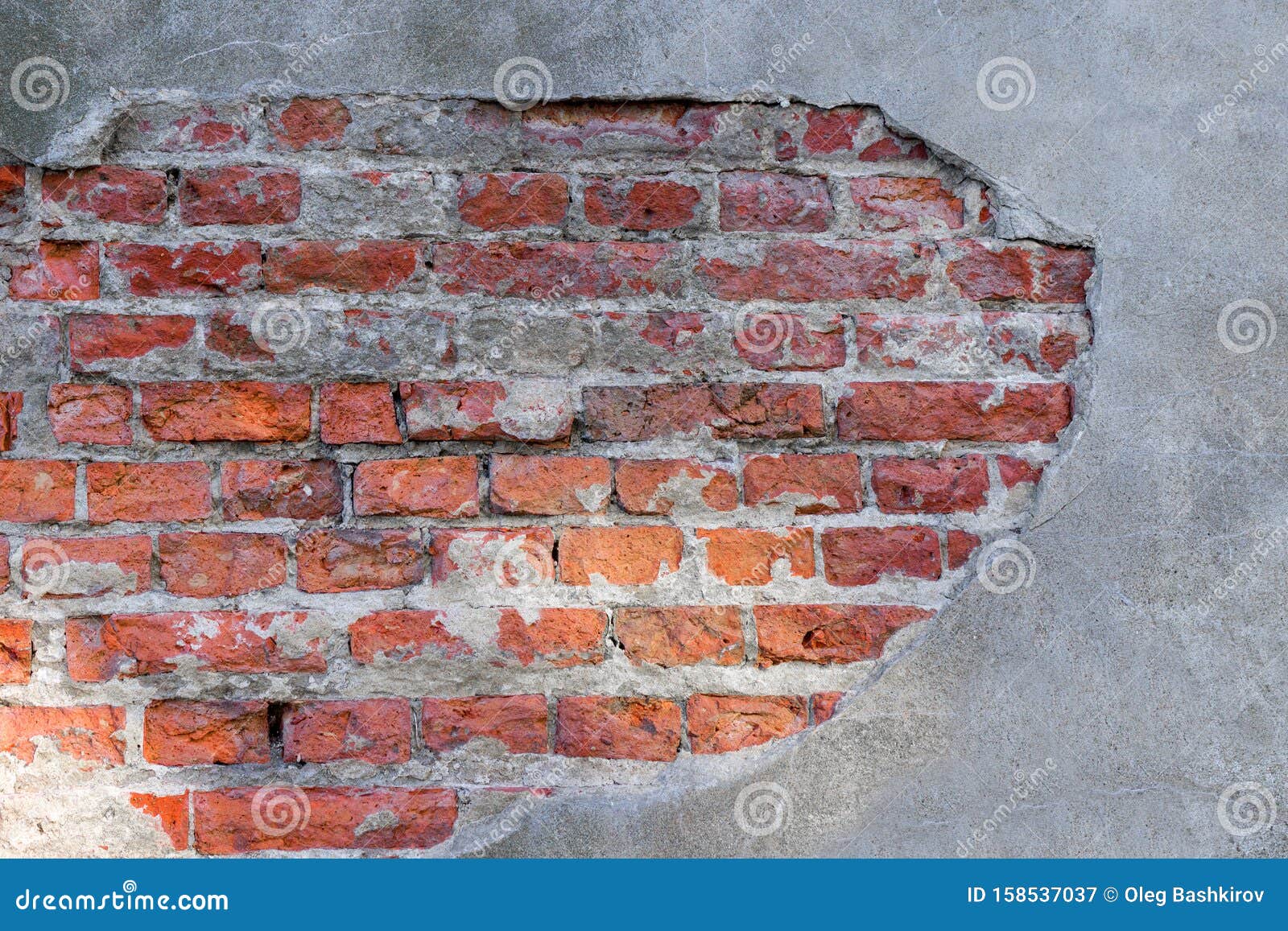 A Vertical Red Brick Wall with a Damaged Patch of Gray Stucco. Elements ...