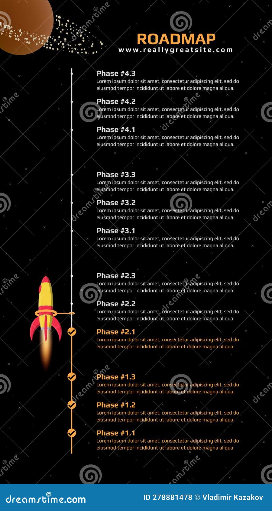 Vertical Roadmap with Rocket and Milestones on Space Black Background ... Vertical Roadmap with Rocket and Milestones on Space Black Background ...
